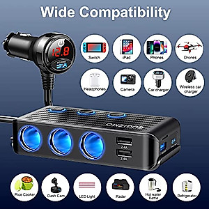 Car Cigarette Lighter Adapter, Dual USB C PD30W 3-sockets car Cigarette Splitter & QC 3.0 Fast car Charger for 12V/24V Vehicles, 222W LED Indicator & Independent Switches for GPS/Dash Cam/Phone
