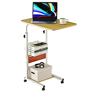 TeqHome C Shaped End Table, Height Adjustable C Side Table with Metal Frame, 4 Wheels and Storage Shelves, Rustic Snack TV Tray Table for Couch, Bed, Sofa, Living Room, Bedroom (Wood Color)
