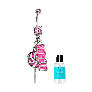 14G Belly Ring Pink CZ Gem 316L Surgical Steel Suck It Dangle Belly Button Rings Pink Lollipop Dangle Sexy Letters Belly Piercings Jewelry 7/16" (11mm)