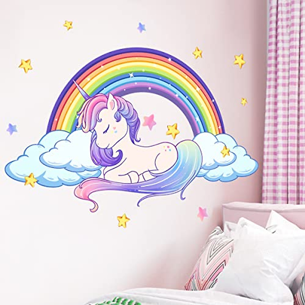 Unicorn Wall Decals Art Rainbow Wall Decals Waterproof Unicorn Wall Stickers with Star Cloud Peel and Stick Rainbow Stickers for Girls Kids Bedroom Nursery Playroom Decor (Unicorn)
