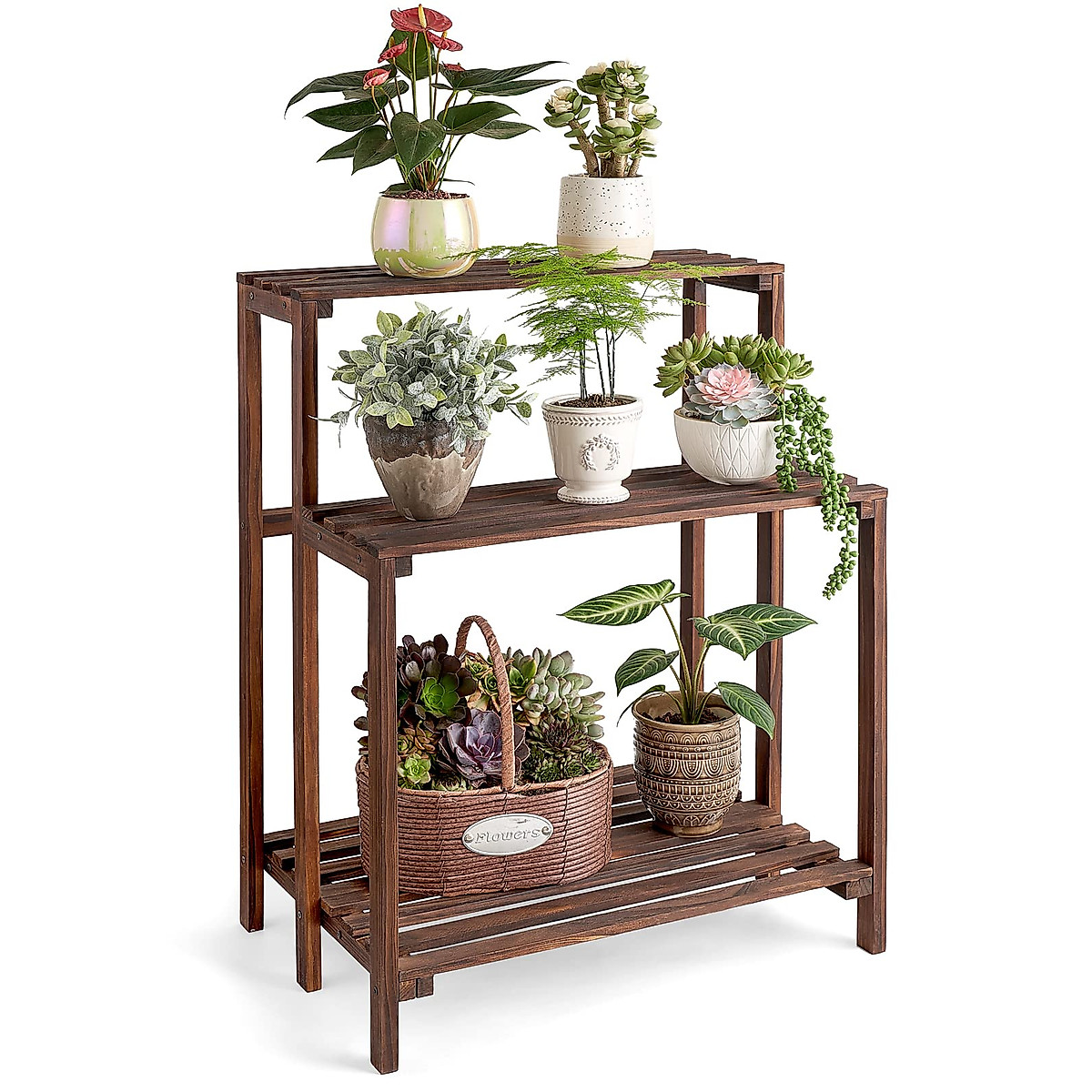 Mkono Wood Plant Stand 3 Tier Plant Shelf Indoor Outdoor Flower Pot Display Shelf Rack Garden Potting Bench Multiple Ladder Stand Planter Holder for Home Patio Lawn Living Room Corner Balcony