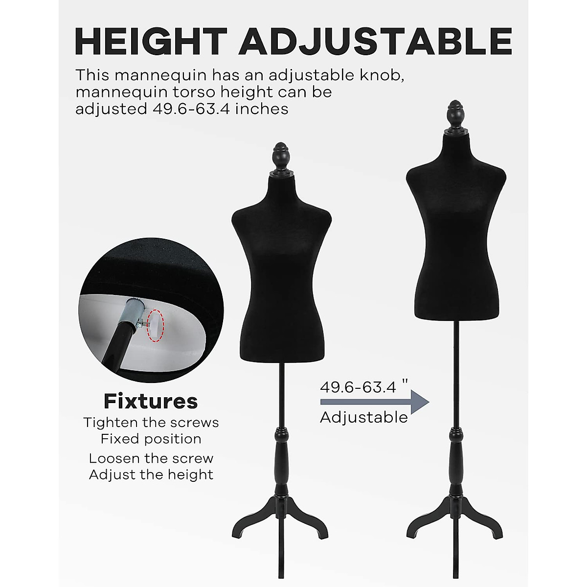 Mannequin Body, Mannequin Torso Mannequin Stand Dress Form 49.6-63.4 Height Adjustable Maniquins Body Female, Portable Displays Women for Sewing Wooden Tripod Base, Foam Body (Black)
