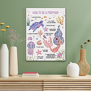 OEWD Nursery How to Be A Mermaid Canvas Wall Art Poster Print, Baby Girl Mermaid Painting Ready to Hang Girl Kids Nursery Bedroom Playroom Decor Gift (11.5" x 15")