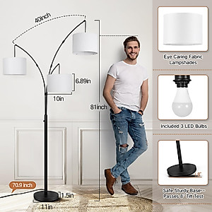 OUTON Arc Led Floor Lamp, Modern Black 3 Light Tall Floor Lamp for Bedroom, 2400lm Mid Century Adjustable Standing Corner Lamps for Living Room Office, 3 LED Bulbs Included, White Lampshade