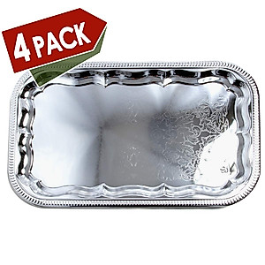 Maro Megastore (Pack of 4) 20.9" x 12.8" Traditional Rectangular Trim Floral Pattern Engraved Catering Chrome Plated Serving Plate Mirror Tray Platter Tableware Holiday Party Serving (Large) T227L-4PK
