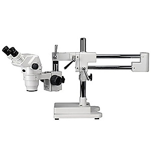 AmScope ZM-4B Professional Binocular Stereo Zoom Microscope, EW10x Eyepieces, 6.7X-45X Magnification, 0.67X-4.5X Zoom Objective, Ambient Lighting, Double-Arm Boom Stand