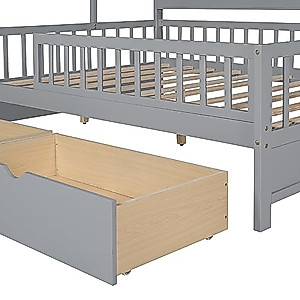 WADRI Full Size House Bed with 2 Drawers and Shelf, Wood House Bed Frame with Roof Design and Safety Guardrail, Montessori Bed for Girls Boys Bedroom, Can be Decorated (Gray + Wood-A32)
