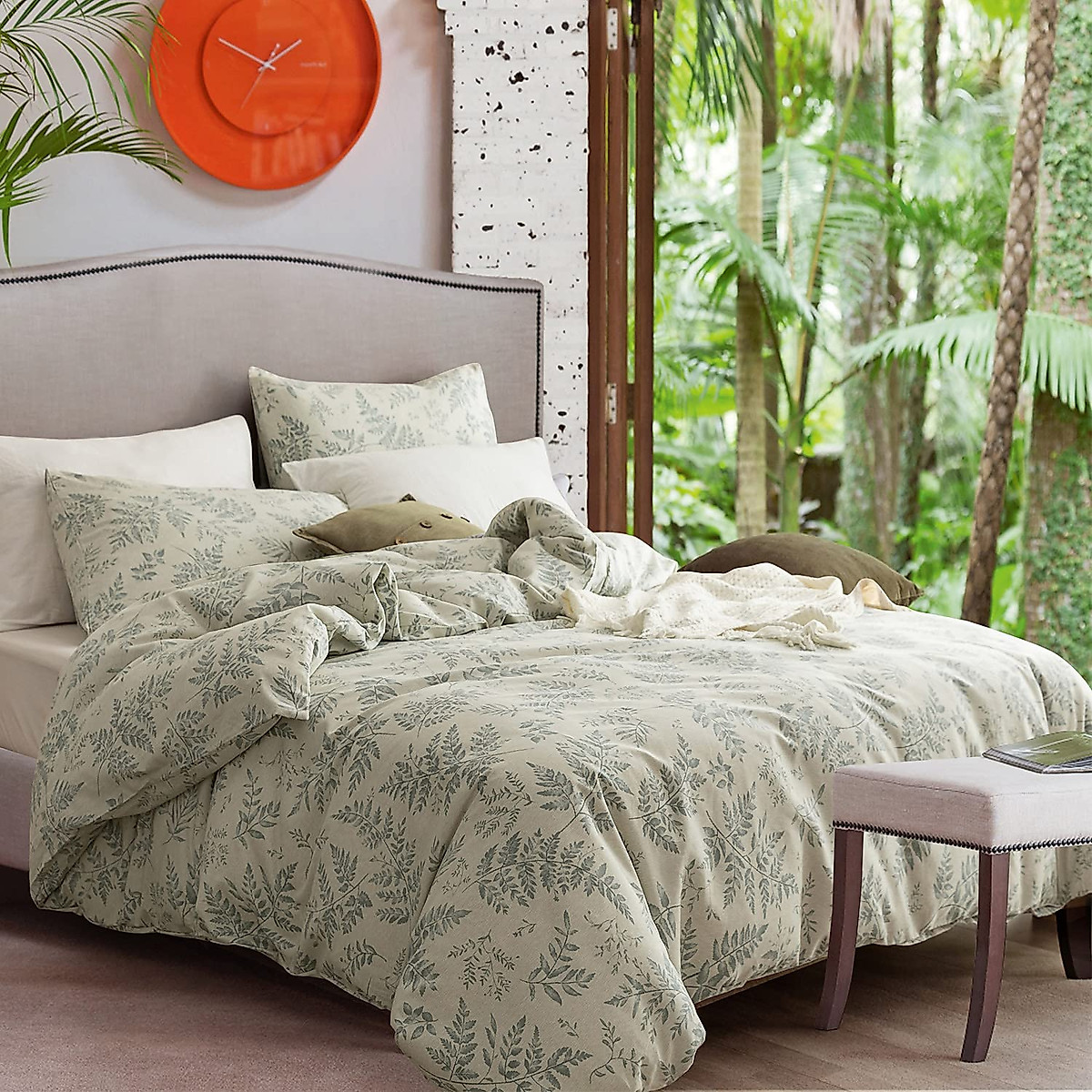 ECOCOTT 3 Pieces Duvet Cover Set with Vintage Green Leaves Pattern 100% Natural Cotton Cozy Simple Style Bedding Set (Queen Size)