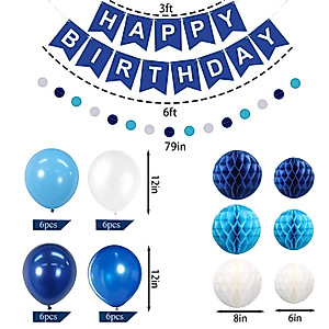 Blue Happy Birthday Decorations, 41 Pack Happy Birthday Banner, Balloons, Backdrop, Hanging Swirl, Honeycomb Ball and Circle Dot Garland Supplies for Birthday Party