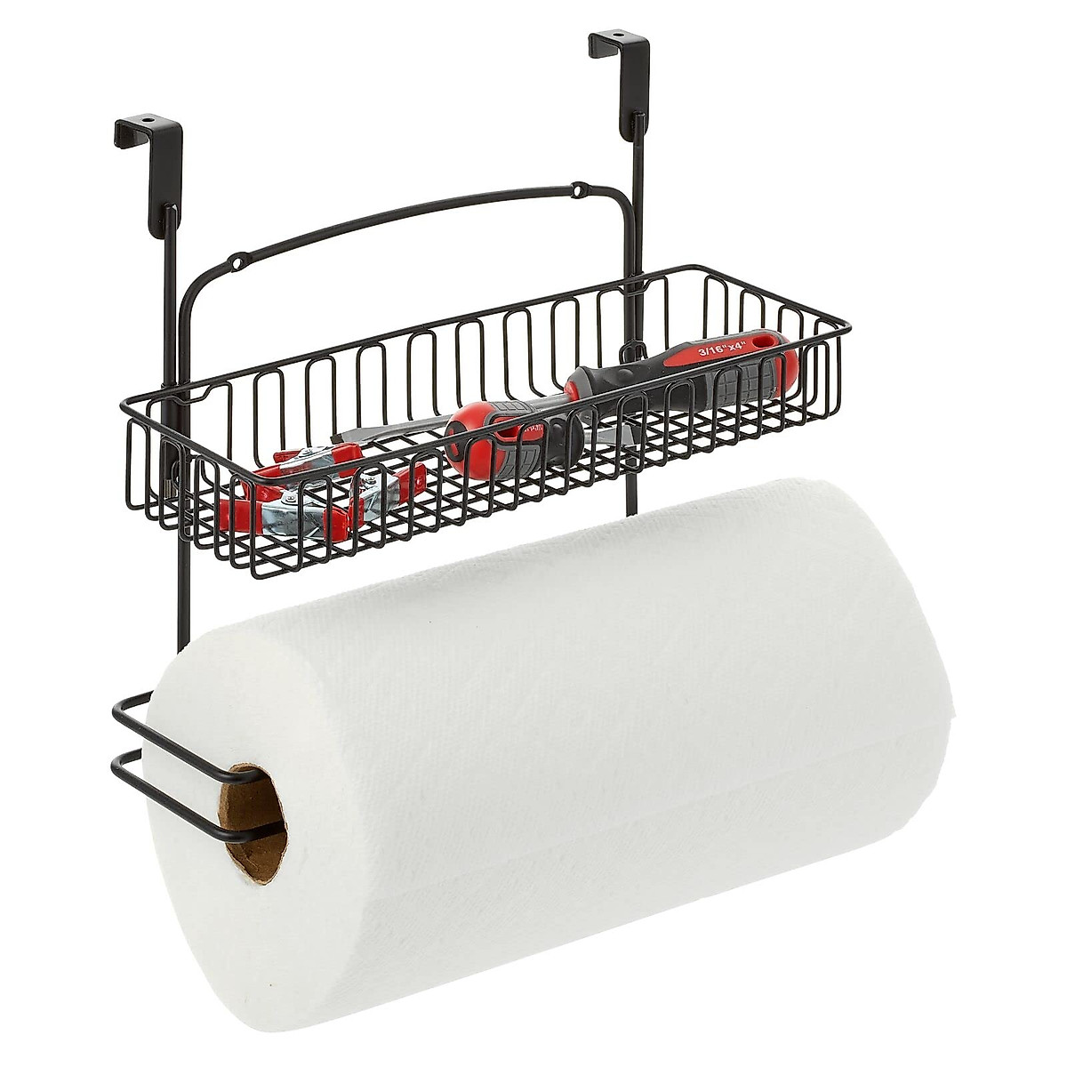 mDesign Over Cabinet Paper Towel Holder with Multi-Purpose Basket Shelf - Hanging Storage Organizer for Kitchen, Pantry, Laundry, Garage - Holds Dish Soap, Cleaners, Sponges - Metal Wire - Black