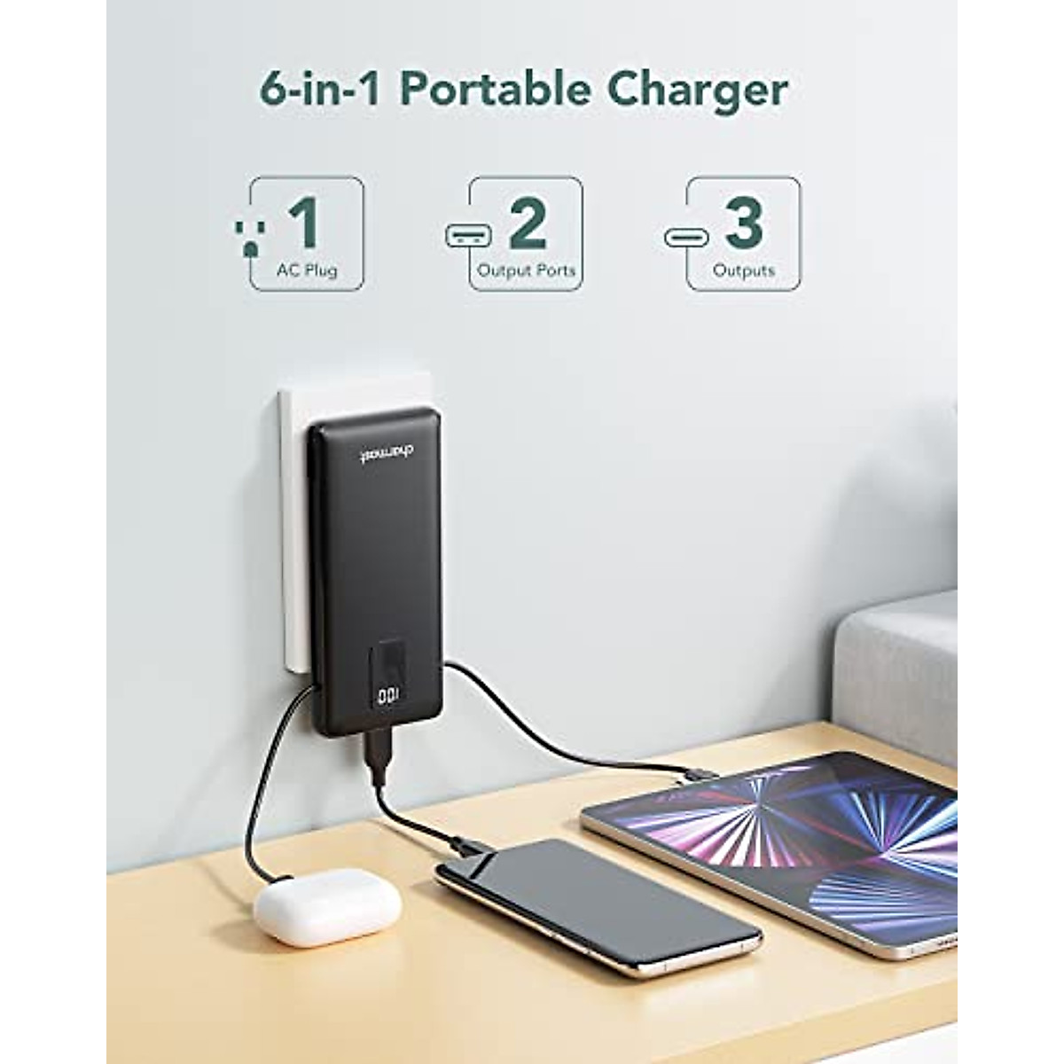 Charmast Portable Charger with Built-in Cables, 10000mah Power Bank, 5 Output Ultra Slim LED Display, Built-in AC Plug, USB C & Micro, Three Cables Integrated Battery Pack for iPhone Samsung iPad