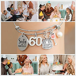 Miss Pink 60th Birthday Jewelry Gifts for Women Stainless Steel Expandable Bangle 60 Year Old Charm Bracelets for Daughter Granddaughter