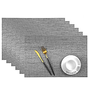 Leetaltree Grey Placemats, Heat Resistant Non-Slip Place mats for Dining Table, Washable Durable PVC Vinyl Woven Table Mats (Set of 6)