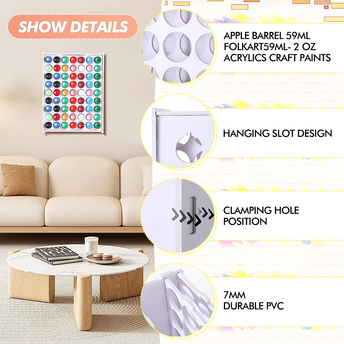 Sunnychicc 2 Pcs 63 Holes Craft Paint Storage Organizer Vertical Paint Rack Stand Wall Mounted Paint Organizers and Storage Removable Paint Holder 2 Oz Paint Bottle Organizer for Art Supplies, White