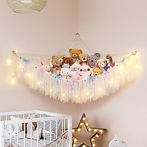 Samaridan X-Large Stuffed Animal Storage Hammock BOHO with LED Light Macrame Jumbo Doll Room Corner Organizer Mesh Decoration-Hanging Storage Nets Kids Fairy tale colors white