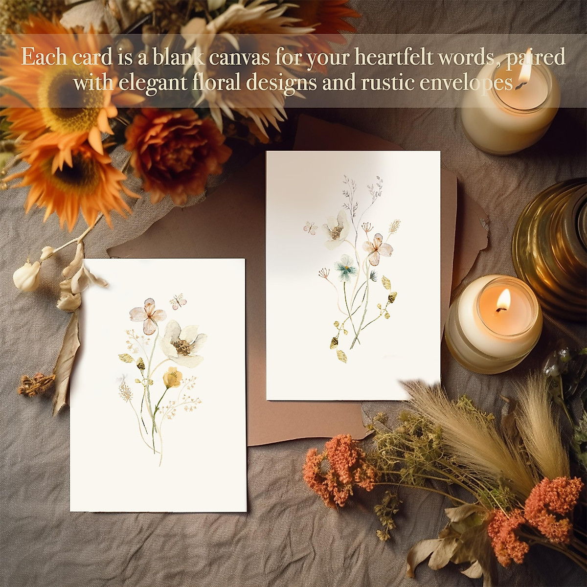 slapaflife Blank Cards,Blank Greeting Cards 4x6,40Pack -Elegant Floral Design Blank Greeting Cards,Note Cards with Matching Peel-and-Seal Rustic Envelopes