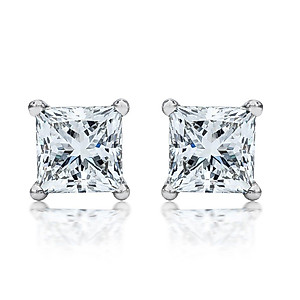 Houston Diamond District 3/4 Carat 14K White Gold Solitaire Diamond Stud Earrings Princess Cut 4 Prong Push Back (I-J Color, I2 Clarity)