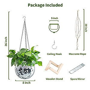 Veramz Disco Ball Planter 8" - Hanging Disco Ball Planter Pot with Macrame Rope Chain and Wooden Stand - with Drainage Hole and Plug - Mirror Ball Disco Decor Hanging Planter for Indoor Plants(Silver)