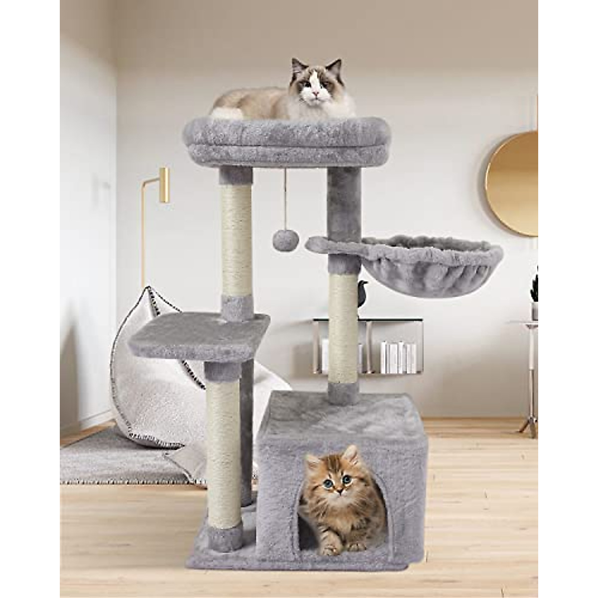 FISH&NAP US16H Cute Cat Tree Cat Tower for Indoor Cat Condo Sisal Scratching Posts with Jump Platform Cat Furniture Activity Center Play House Grey