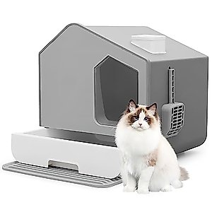 MoNiBloom Hooded Litter Box Fully Enclosed Splash-Proof Cat Litterbox with Litter Catcher Mat, Modern House Shaped Enclosed Cat Litter Boxes Slide Cleaning Design for Small Cats Under 10 Lbs
