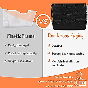 Magnetic File Holder, File Organizer for File Cabinets, Mail Organizer Vertical Magazine Holder for Refrigerator, No-Drill Mount Hanging Magnetic Folder Holder for Office Home（3-Tier, Black)
