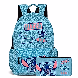 FENGJINRUHUA Cute Stitch Boys Girls Pencil Case Backpack School Adjustable Shoulder Strap Travel School Bag (blue)