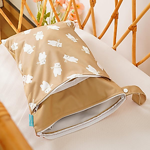 MOMIGO 2 pcs/set Wet Dry Bags for Baby Cloth Diapers - Reusable, Washable for Stroller, Diapers, Toiletries, Travel Bags, Beach, Pool, Gym Bag with Two Zippered Pockets 11.8 * 15.7 inch (Animal)