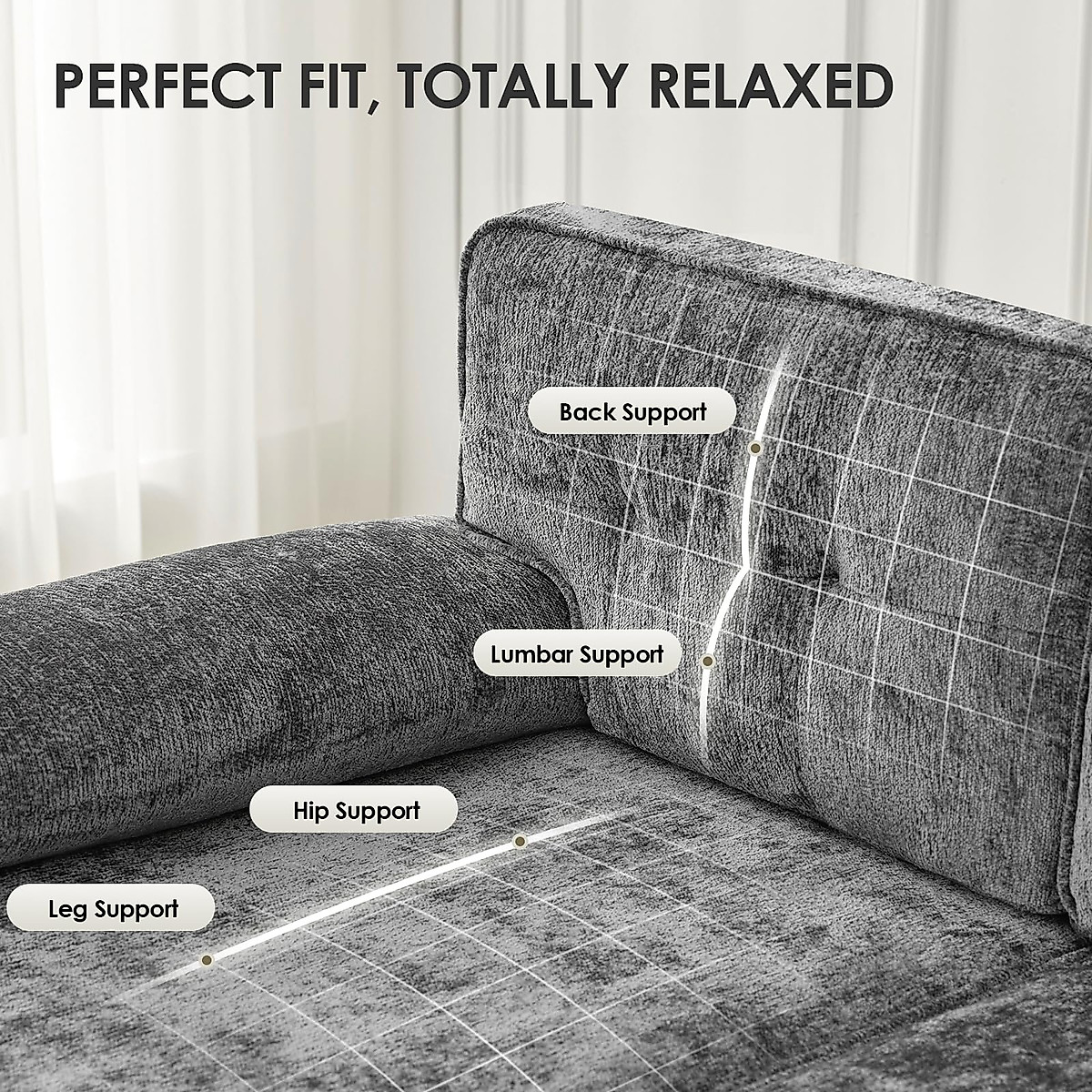 Siiejia Convertible Sectional Couch Sofa, 82" Chenille L Shaped Couch with Reversible Chaise, 3-Seat Comfy Couch Sofa Set for Living Room Apartment Small Space, Dark Grey