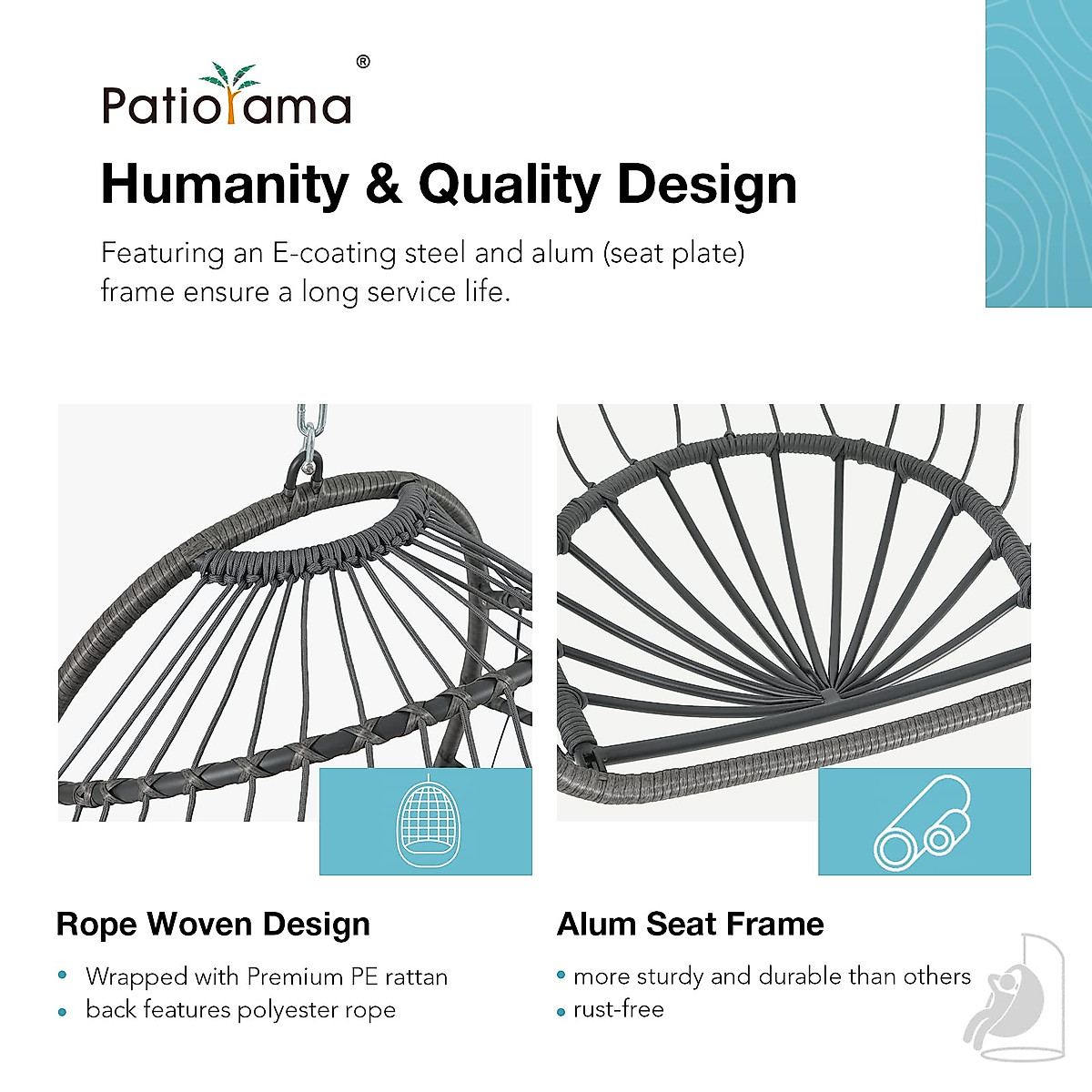 Patiorama Indoor Outdoor Egg Swing - Rattan Hanging Chair w/Cushion, 350lbs Capacity, All Weather Foldable Hammock Chair for Bedroom, Porch (Light Grey)