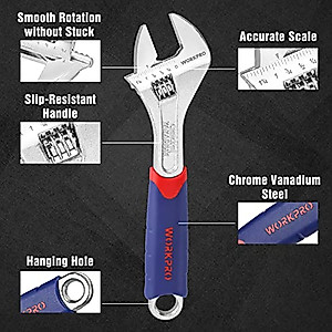 WORKPRO 3-piece Adjustable Wrench Set CR-V with Rubberized Anti-Slip Grips 6-inch, 8-inch, 10-inch