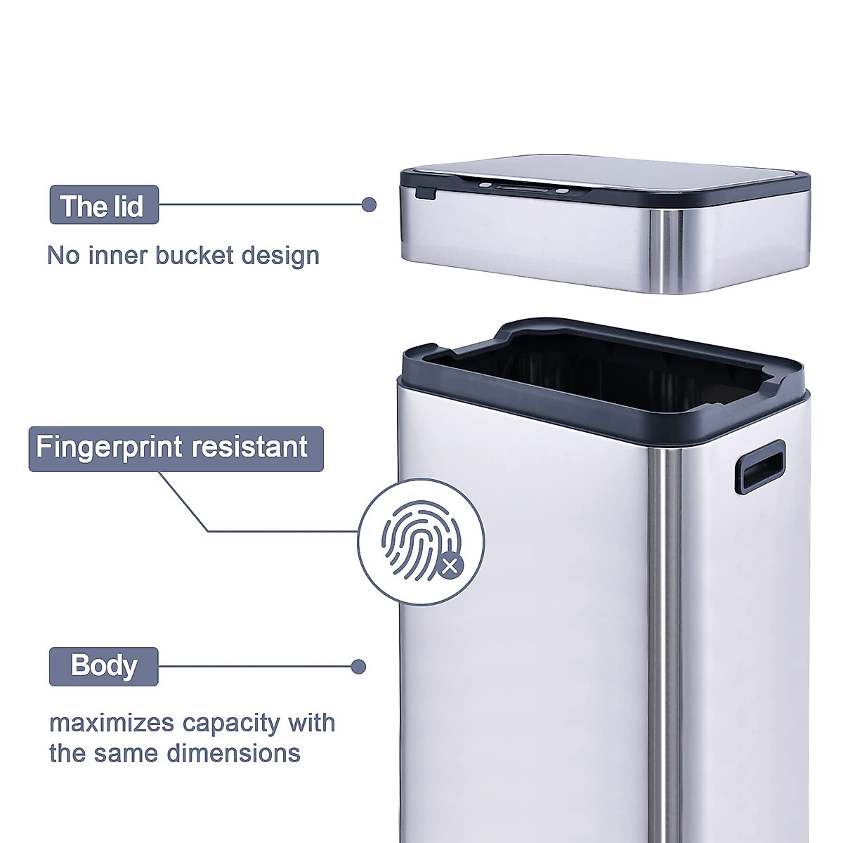 ELPHECO Stainless Steel Kitchen Trash Can 13 Gallon Motion Sensor Trash Can Without Inner Bucket, Large Capacity Automatic Kitchen Waste Bin with Lid