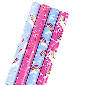 LeZakaa Unicorn Wrapping Paper Roll - 40 x 120 inches per Roll - Unicorn with Clouds and Moon/Rainbow/Star Print for Baby Shower, Kids Birthday - 4 Rolls