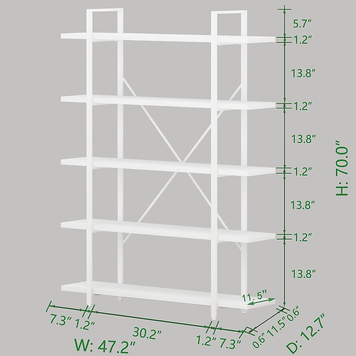 HSH 5 Tier Tall White Bookshelf, Metal and Wood Storage Book Shelves for Bedroom Living Room Office, Modern Large White Bookcases and Bookshelves 5 Shelf, Farmhouse Open Vertical Display Book Shelf