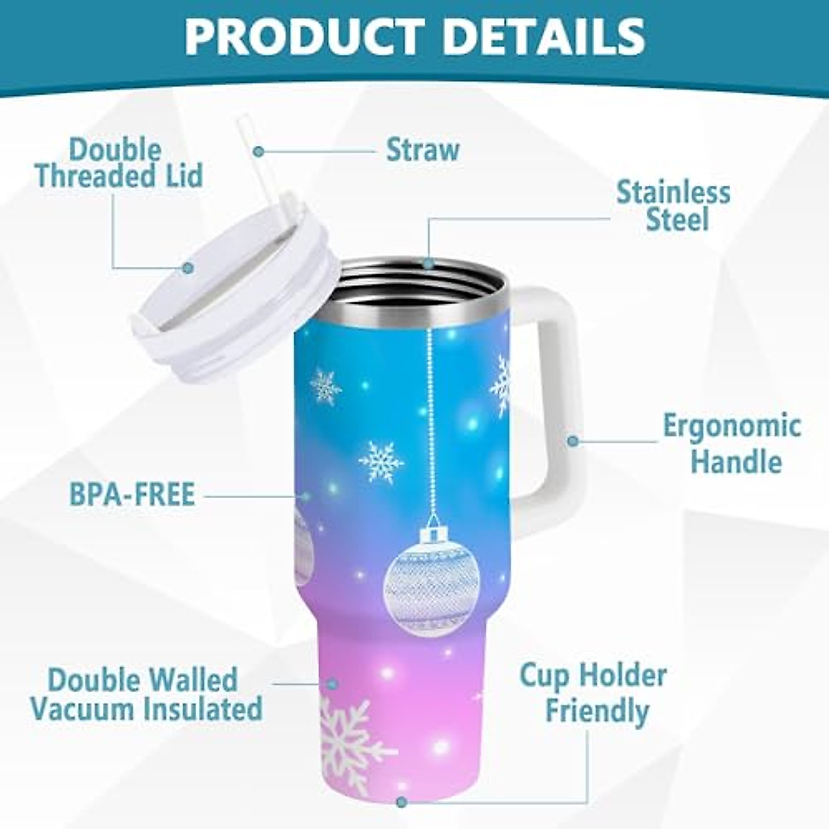 Insulated Stainless Steel Tumblers 40 Oz with Handle and Straw Lid, Christmas Snowflakes Design Insulated Travel Tumbler
