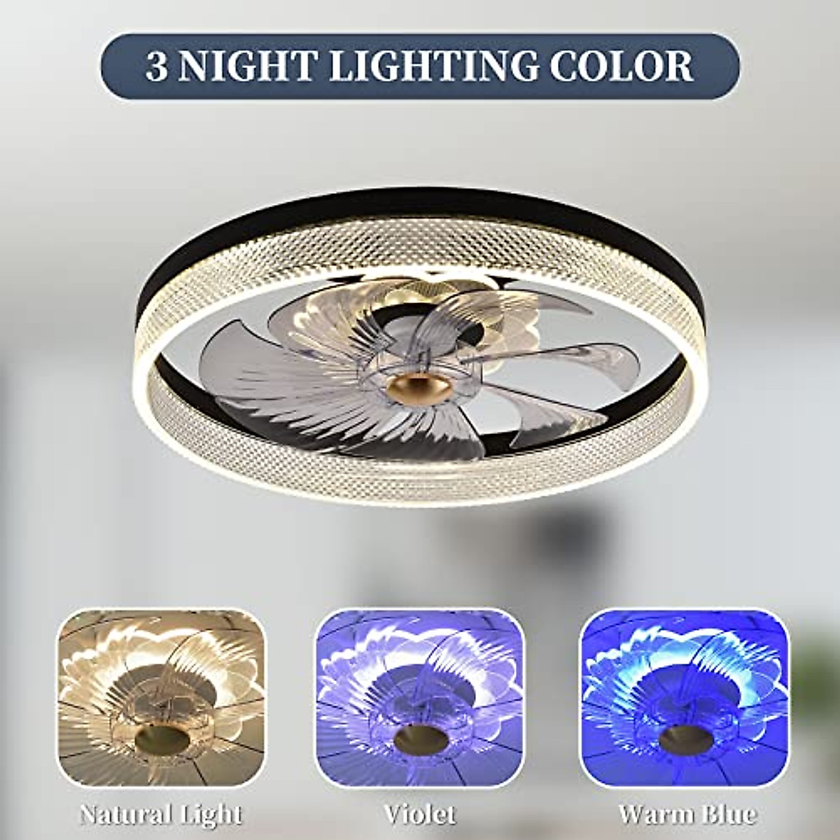 Fszdorj 2023 Upgraded Ceiling Fan F093 Black Ceiling Fans with Lights App & Remote Control, Timing & 3 Led Color Led Ceiling Fan, 6 Wind Speeds Modern Ceiling Fan for Bedroom, Living Room, Small Room