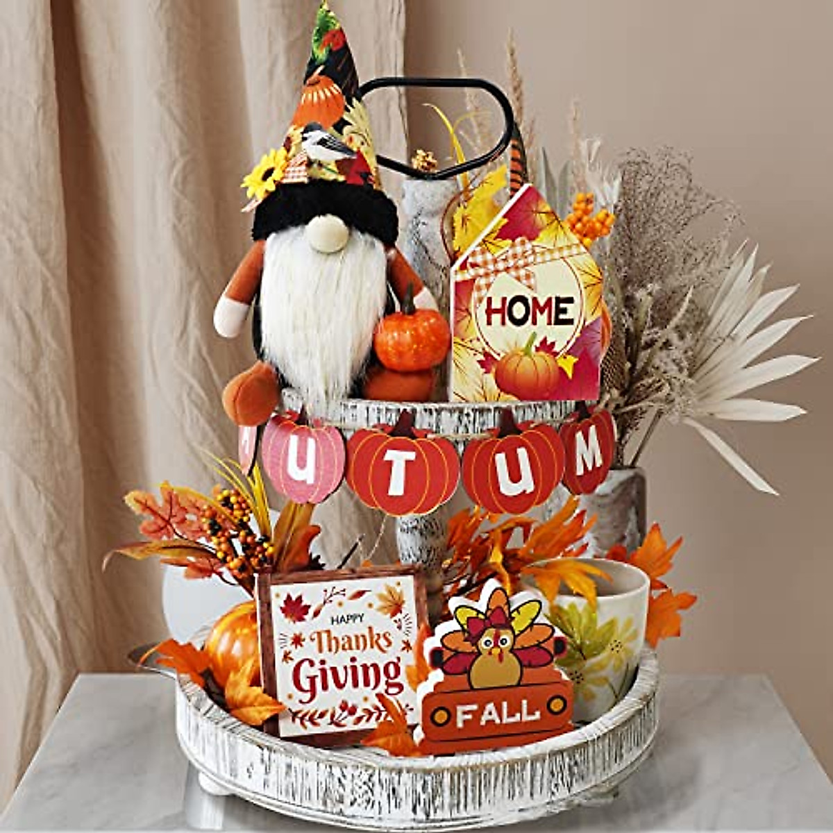 Thanksgiving Decorations, Fall Thanksgiving Tiered Tray Decor Bundle , Thanksgiving Gnome Plush,Fall Wood Signs for Fall Harvest , Thanksgiving Day, Autumn Home and Office Decor -(Tray Not Included)