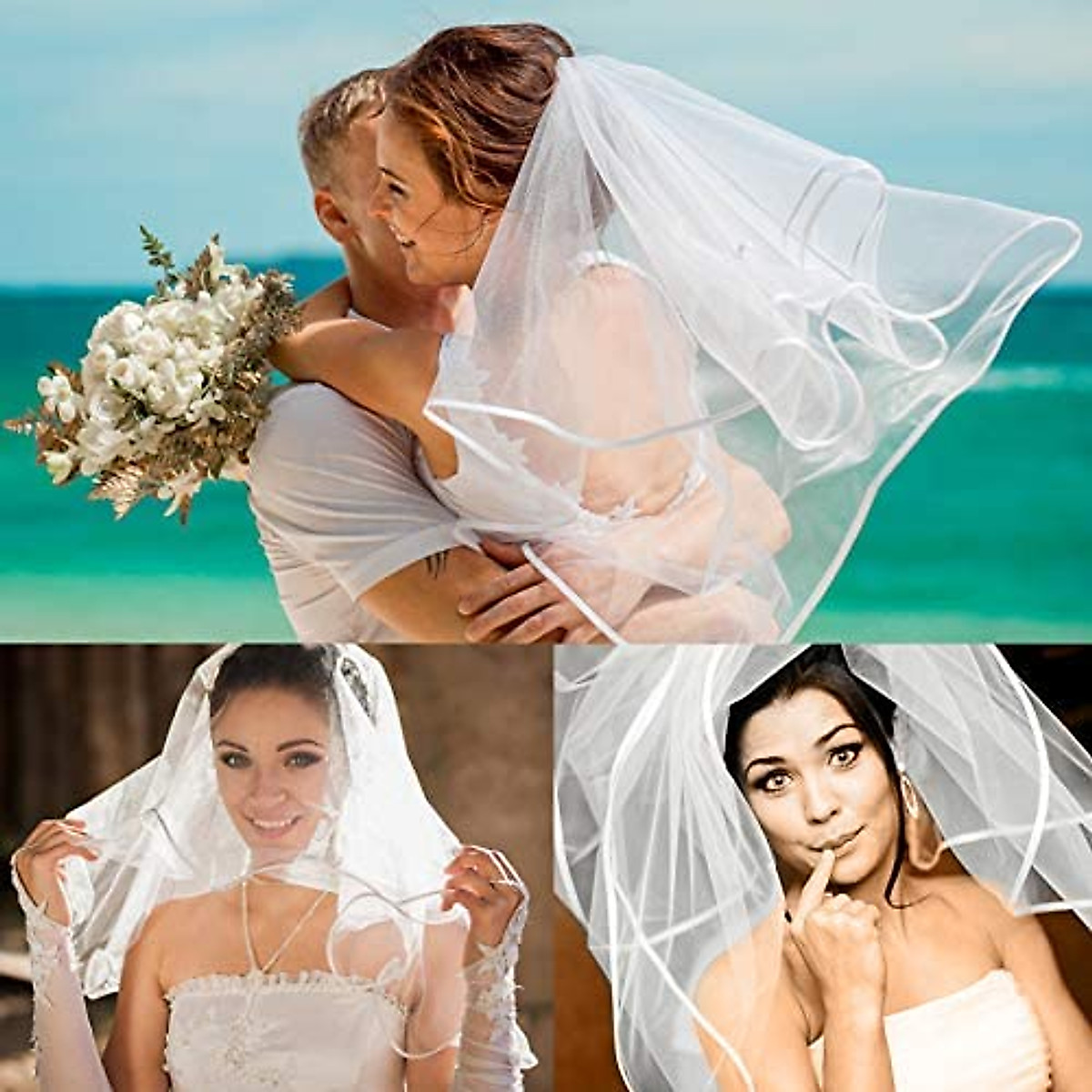 Nanchor Bridal Veil Women's Simple Tulle Short Wedding Veil Ribbon Edge with Comb for Wedding Bachelorette Party (White)