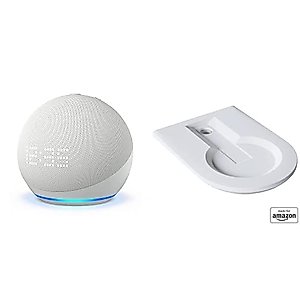 All-new Echo Dot (5th Gen, 2022 release) with clock Bundle. Includes Echo Dot (5th Gen, 2022 release) with clock | Glacier White & the Made For Amazon Wall Mount | White