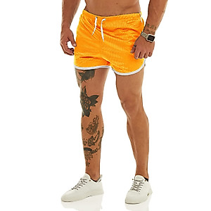 Ouber Men's Fitted Shorts Bodybuilding Workout Gym Running Tight Lifting Shorts with Pockets (Yellow, Small)
