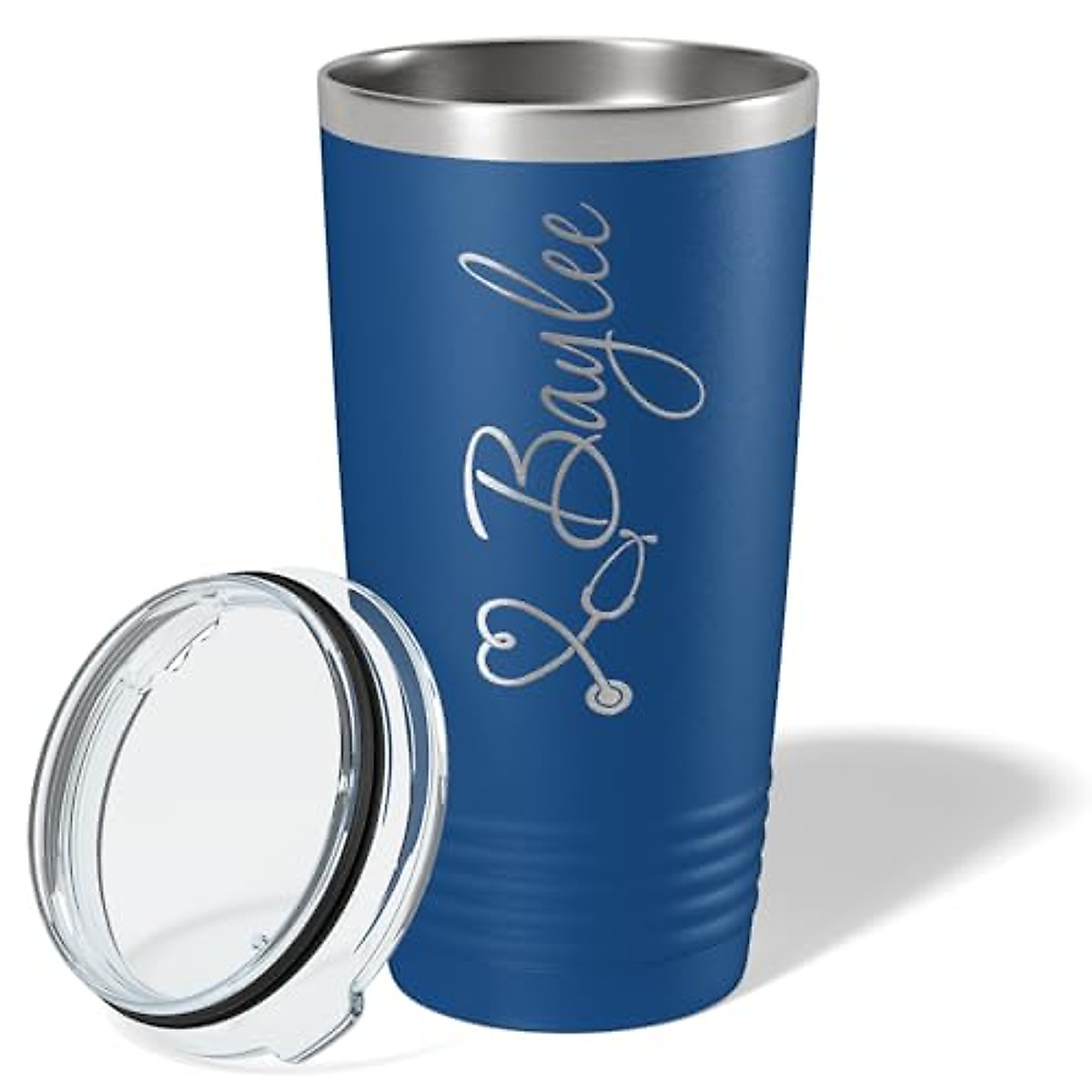 Personalized Heart Stethoscope Tumbler Gift for Nurse, RN, LPN, CNA, CMA, MA Laser Engraved on Blue 20 oz Stainless Steel Tumbler with Lid - Insulated Cup - Custom Travel Mug