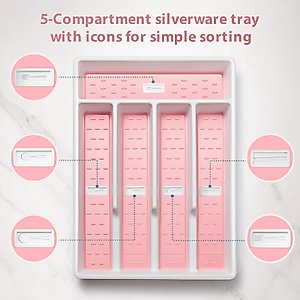 Joequality Silverware Organizer with Icons，Plastic Cutlery silverware Tray for Drawer，Utensil Flatware Tableware Organizer for Kitchen with Non-slip TPR,Fits Standard Drawer,5-Compartment,Pink