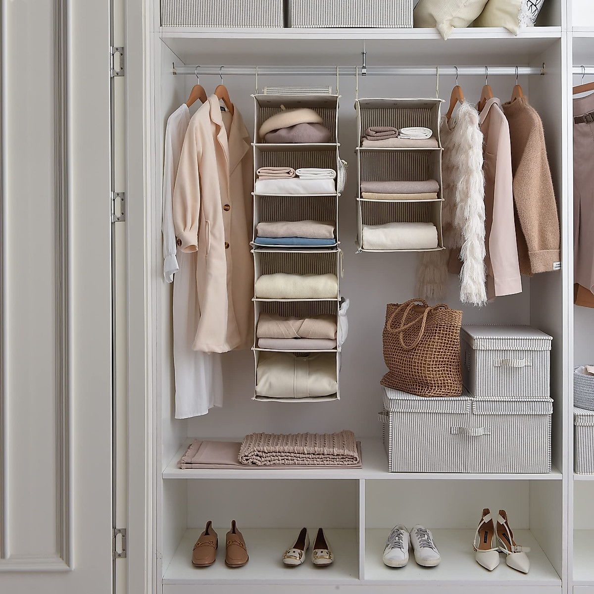 StorageWorks 6-Shelf Hanging Closet Organizers, Two 3-Shelf Separable Closet Hanging Shelves, 12" D x 12" W x 48 ¼"H, Gray and White Stripes