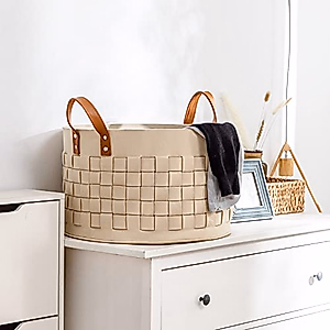 Blanket Basket, BOLDMONKEY 20"x 20"x13" XXLarge Woven Felt Laundry Baskets with Handle Nursery Storage Living Room Round for Toy, Clothes, Kids, Bedroom(Khaki)
