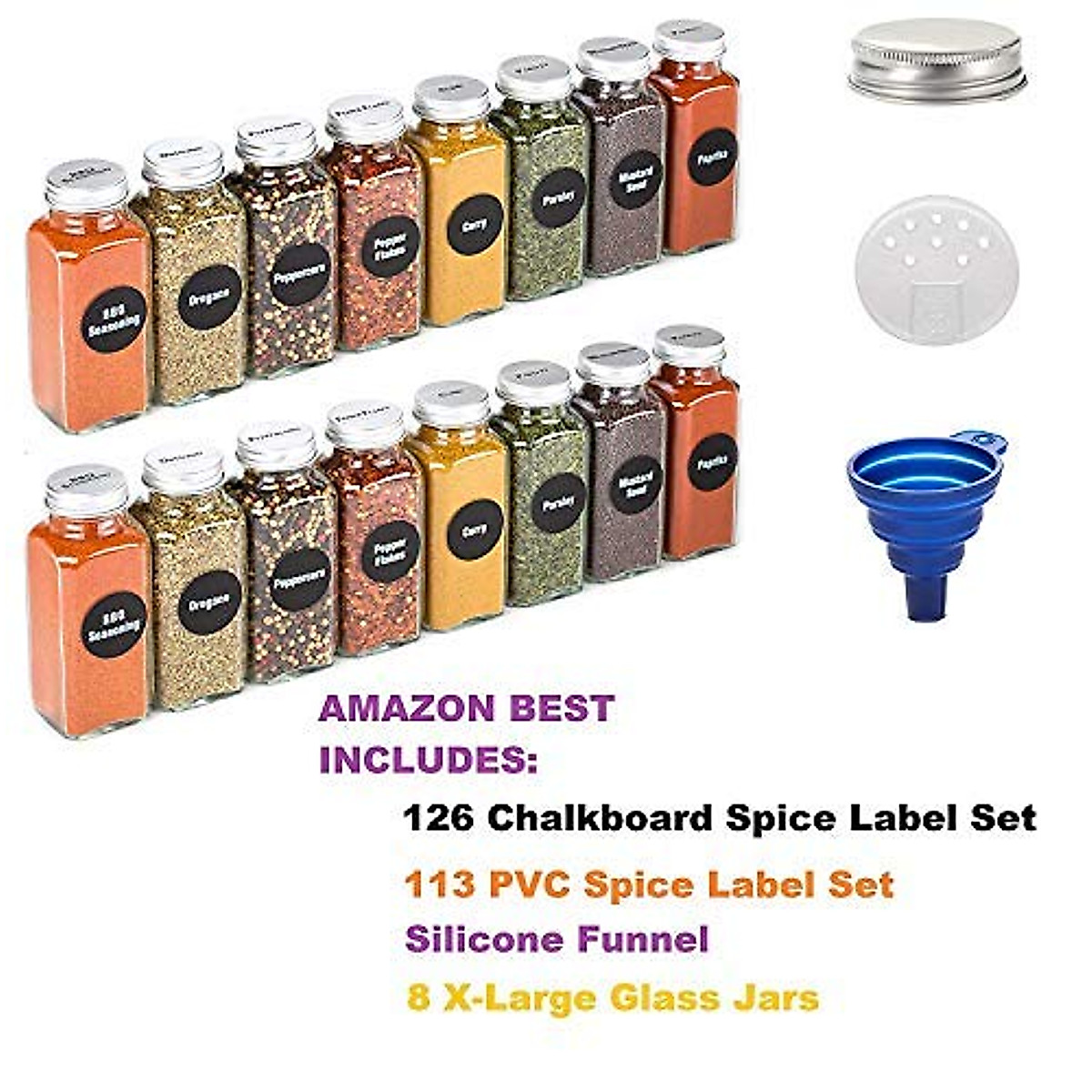 8 Extra Large, 8oz, BEST VALUE, Glass Spice Jars with 113 PVC Clear, plus 126 pre-printed Spice Chalkboard Labels. 8 Square Empty Jars, Airtight Cap, Pour/Sift Shakers