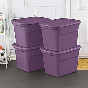 Sterilite 17318V08 Lidded Stackable 18 Gallon Storage Tote Container w/Handles and Indented Lid for Efficient, Space Saving Household Storage, Purple