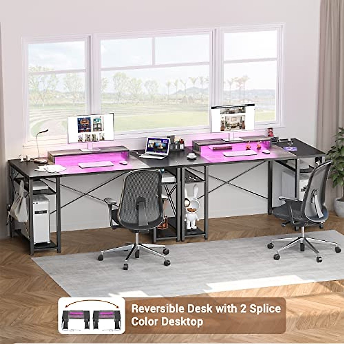 armocity Computer Desk with LED Lights, 48 Inch Desk with Power Outlet and USB, Reversible Large Desk with Moveable Monitor Stand, 48'' Gaming PC Table for Home Office, Workstation, Grey and Black
