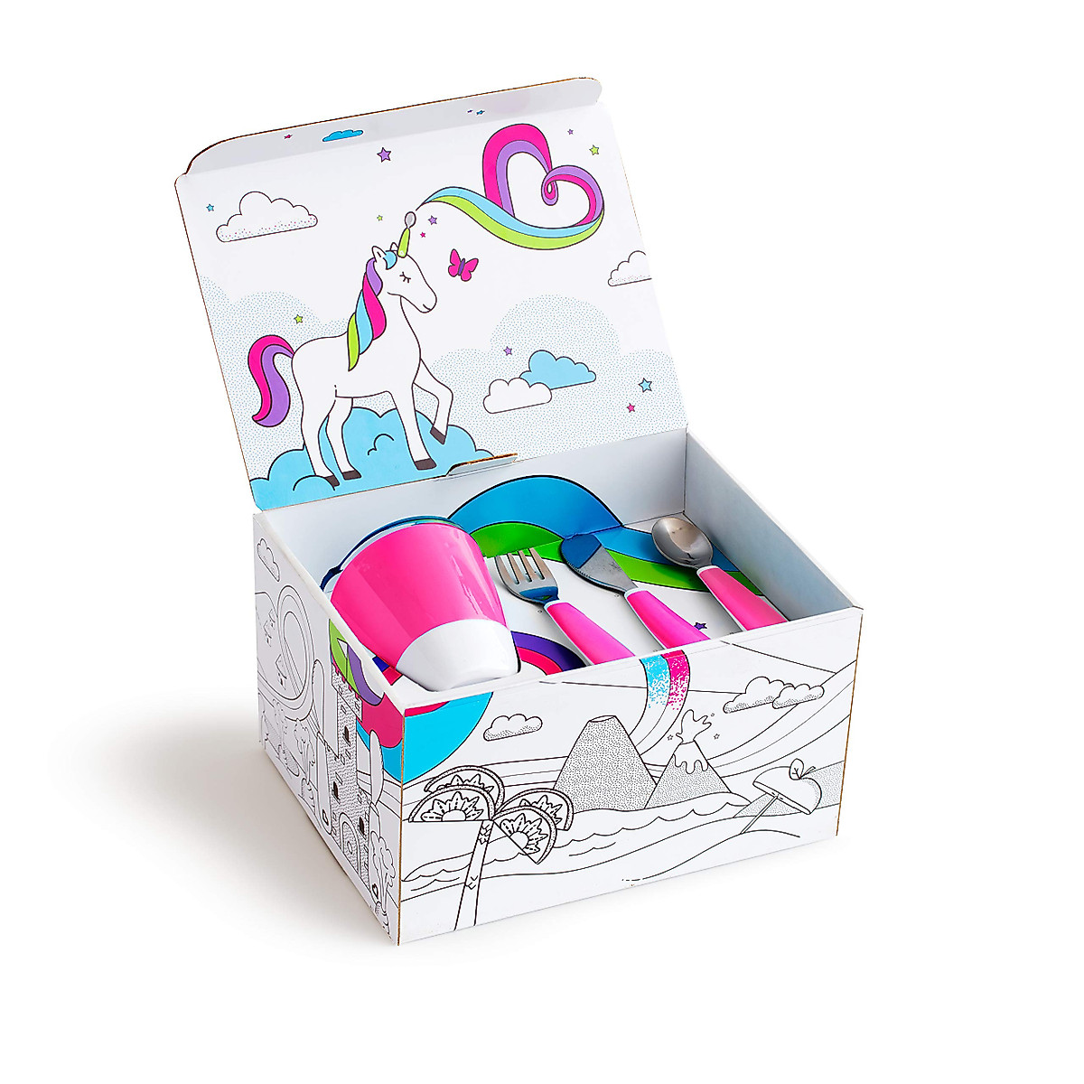 Munchkin® Color Me Hungry 7pc Toddler Feeding Supplies Set, Includes Plates, Bowl, Open Cup and Utensils in a Gift Box, Pink