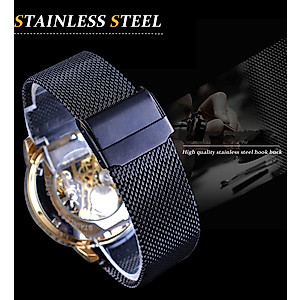 FORSINING Steampunk Watches for Men Hand Wind Watches Retro Design Staem Punk Mechanical Skeleton Wrist Watch Transparent Business Mesh Band Watch (Golden-Black)