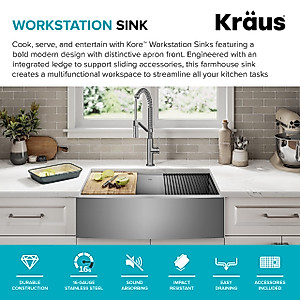 KRAUS Kore Workstation 33-inch Farmhouse Flat Apron Front 16 Gauge Single Bowl Stainless Steel Kitchen Sink with Integrated Ledge and Accessories (Pack of 5), KWF410-33