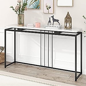 63" Modern Console Table, Rectangular Sofa Side Table with Faux Marble Tabletop Narrow Long Entryway Table with Black Metal Frame for Living Room, Couch, Hallway, Foyer, Kitchen Counter, White+Black